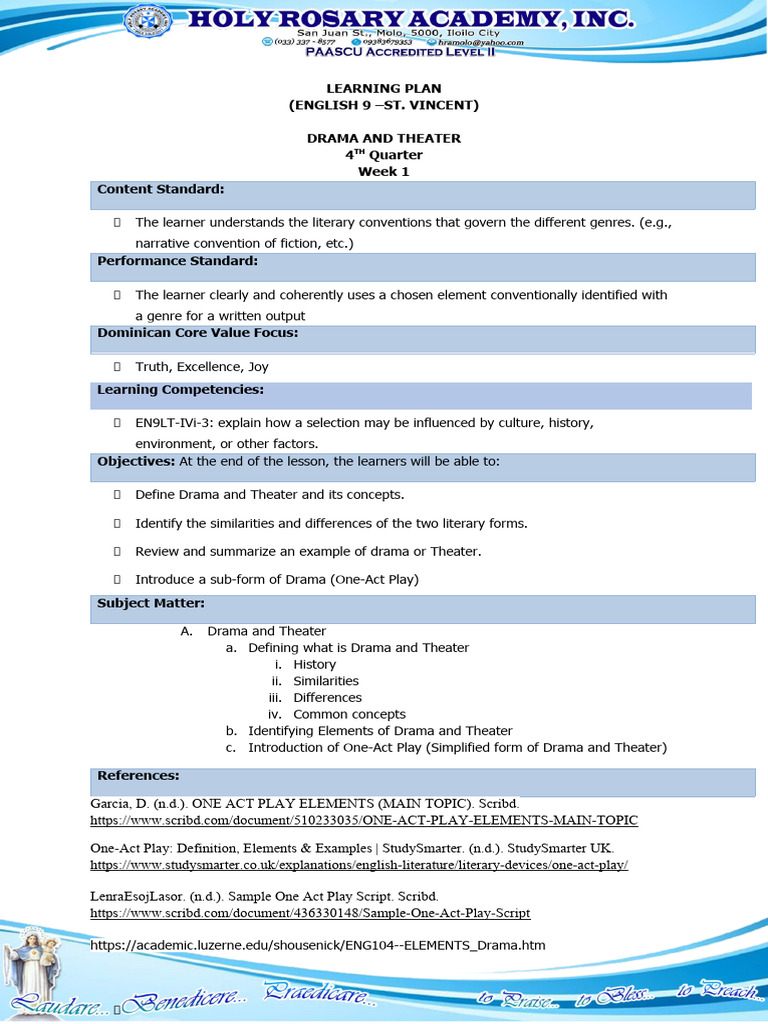 4th Quarter Week 1 Drama and Theater LEARNING PLAN Sir Chris | Download ...