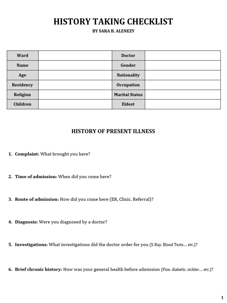History Checklist - Sara AlEnezy | PDF | Diseases And Disorders ...