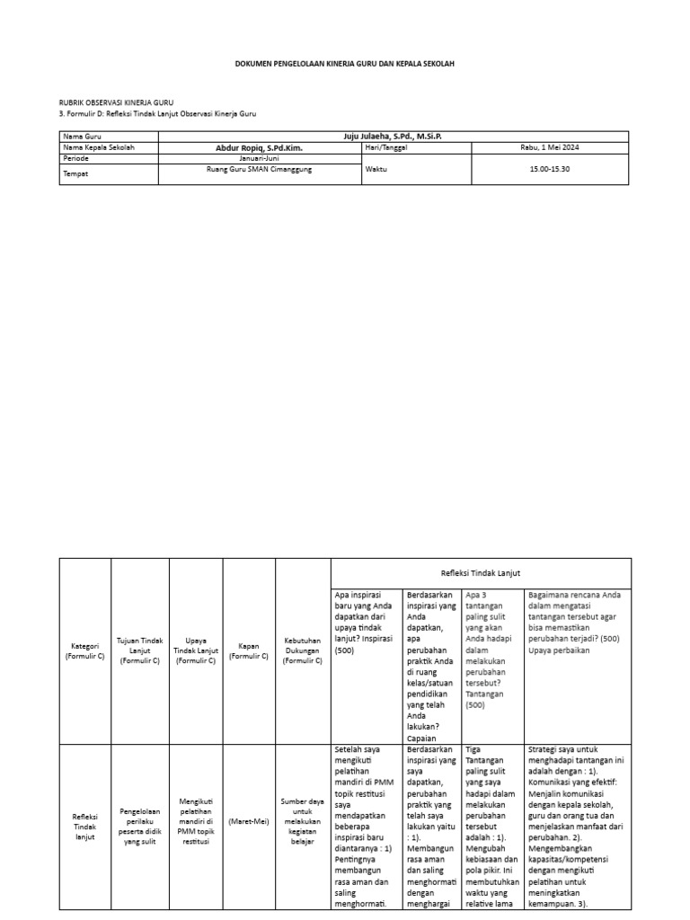 Rubrik Refleksi Tindak Lanjut Observasi Kinerja Guru (Form D) - Juju Julaeha | PDF