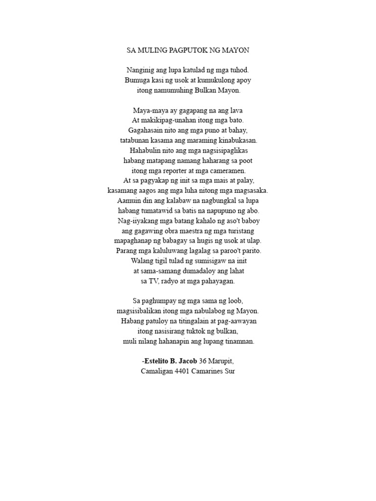 Sa Muling Pagputok NG Mayon - (Tula) Estelito Baylon Jacob | PDF