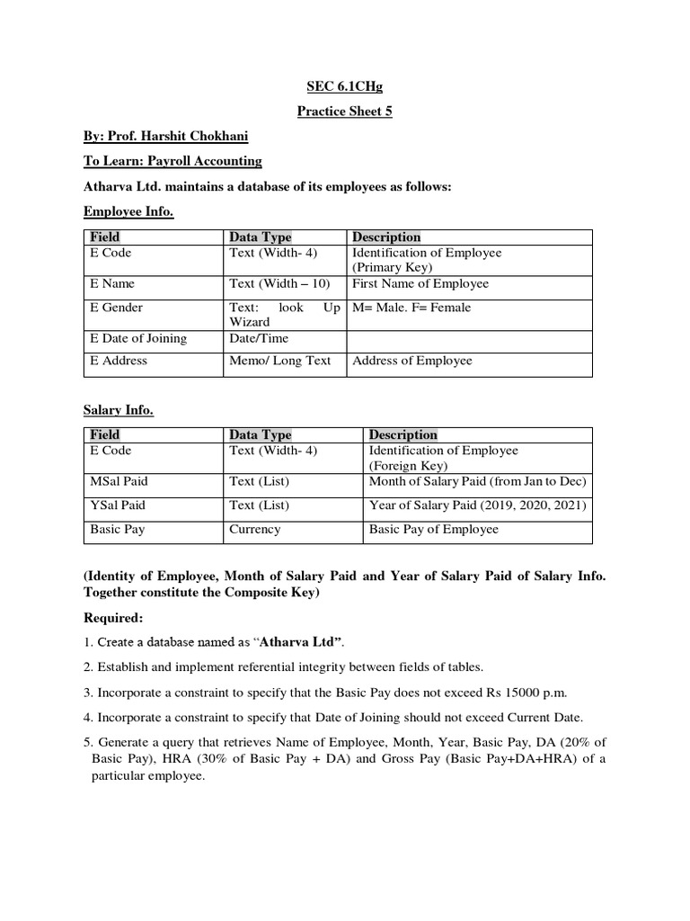 Ms Access Practice Sheet 5 Pdf 