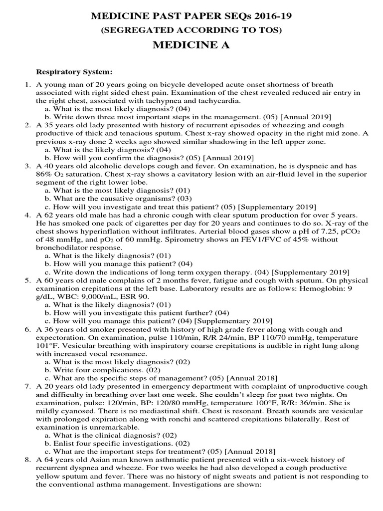 Medicine Past Paper SEQs 2016-19 | PDF | Hypertension | Diabetes