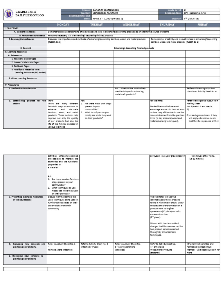 DLL - Tle 6 - Q4 - W1 | Download Free PDF | Learning | Crafts