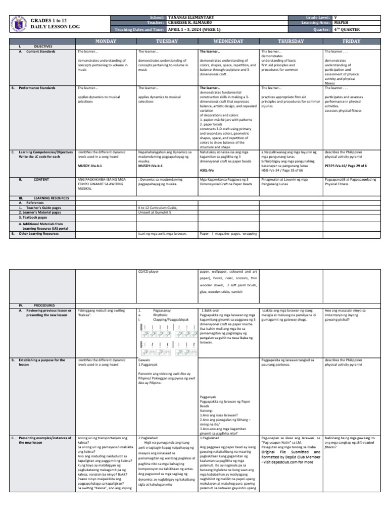DLL - Mapeh 5 - Q4 - W1 | PDF | Learning | Teachers