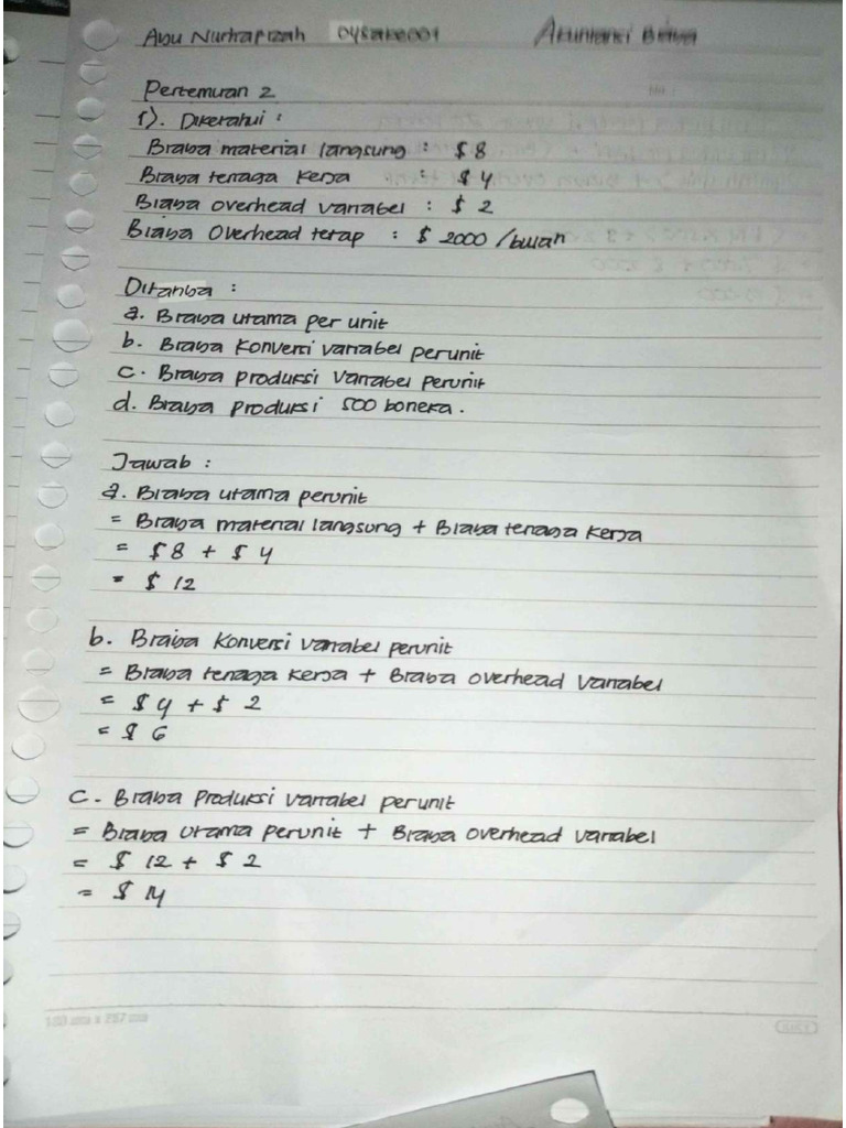 JAWABAN SOAL NO 1 - Ayu Nurhafizah - Akuntansi Biaya - Pert 2 | PDF