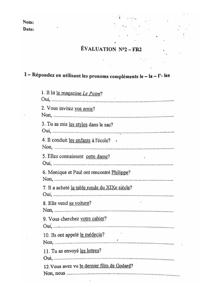 COD - Répondez en utilisant les pronoms compléments le - la - l'- les | PDF