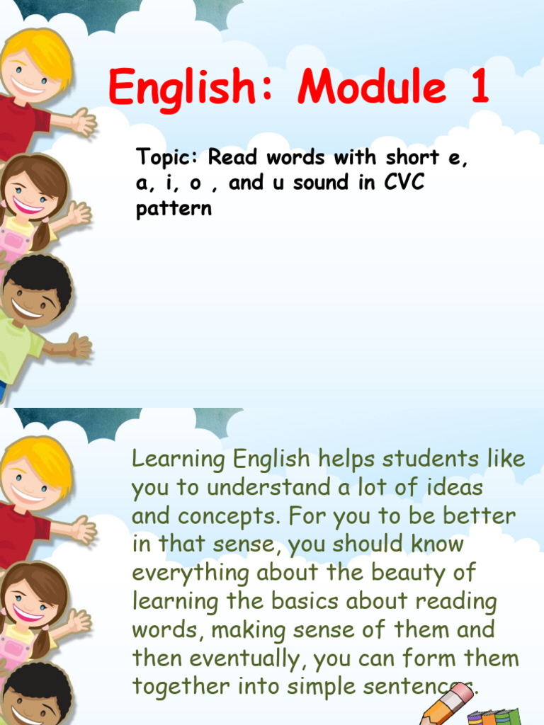 Q4 - ENGLISH - MOD 1 - Read Words With Short E, A, I, O, and U Sound in CVC Pattern | PDF