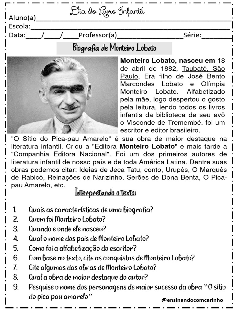 Atividade Dia Do Livro Infantil Biografia de Monteiro Lobato | PDF