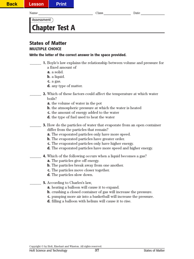 Chapter Test A. States of Matter MULTIPLE CHOICE. A Fixed Amount of ...
