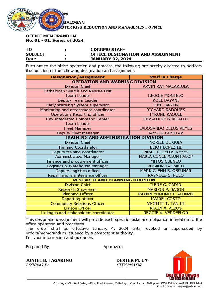 Catbalogan CDRRMO Staff Assignments 2024 | PDF | Safety | Risk Management