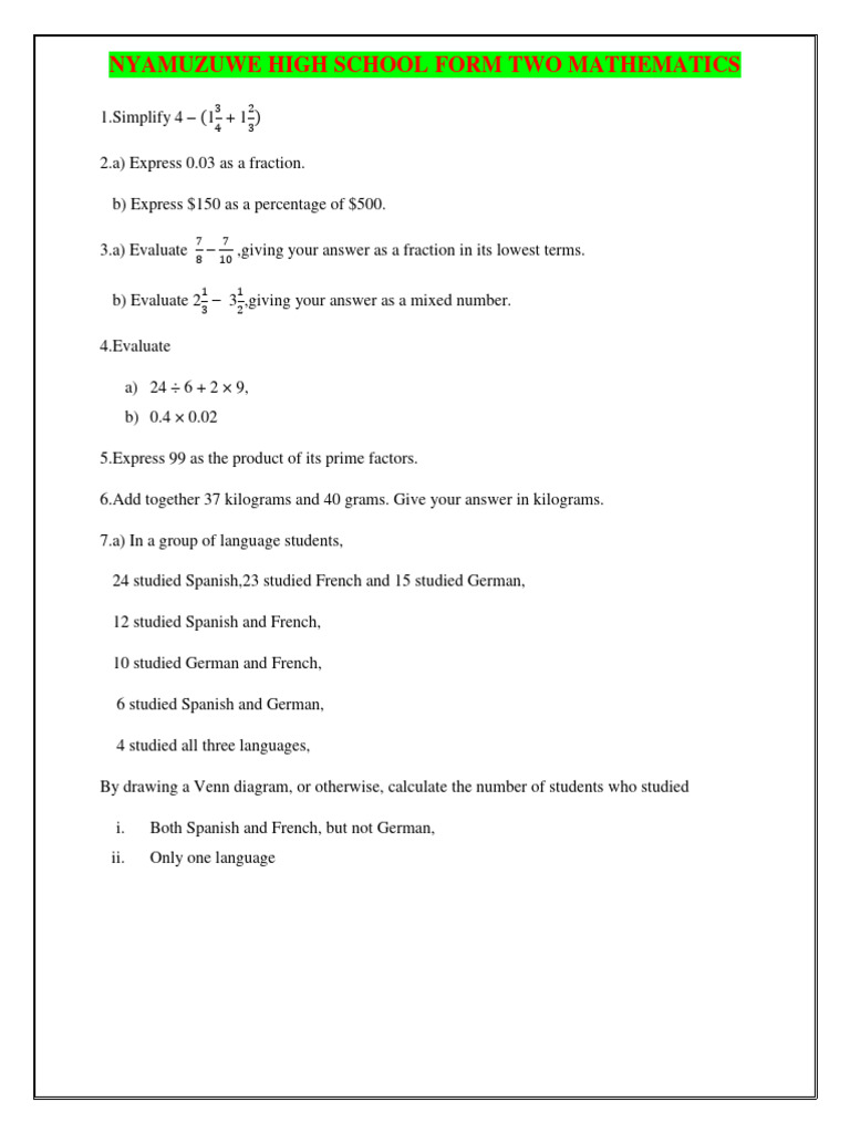 Form Two Mathematics Revision | PDF | Interest | Prices