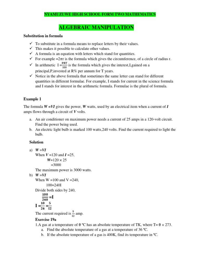 FORM_TWO_MATHS_ALGEBRAIC_MANIPULATION | PDF | Formula | Area