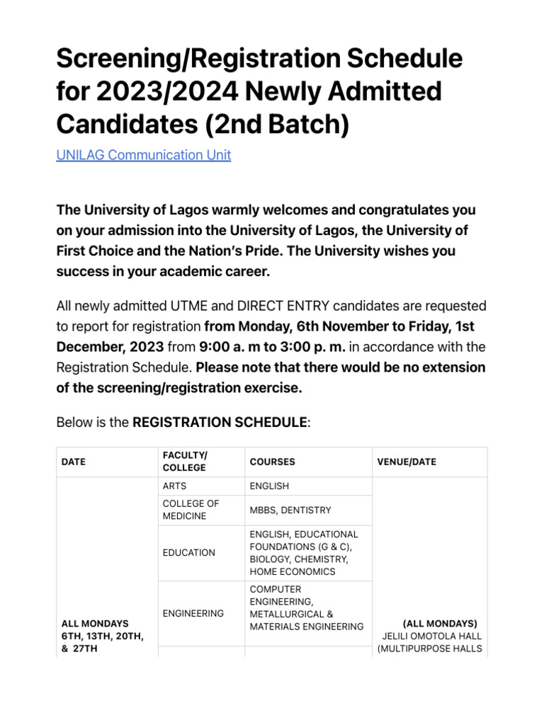 UNILAG 2023/2024 Registration Schedule | PDF | Engineering | Science