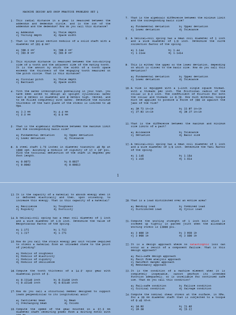 MDSP SET 1print No Ans | Download Free PDF | Gear | Belt (Mechanical)
