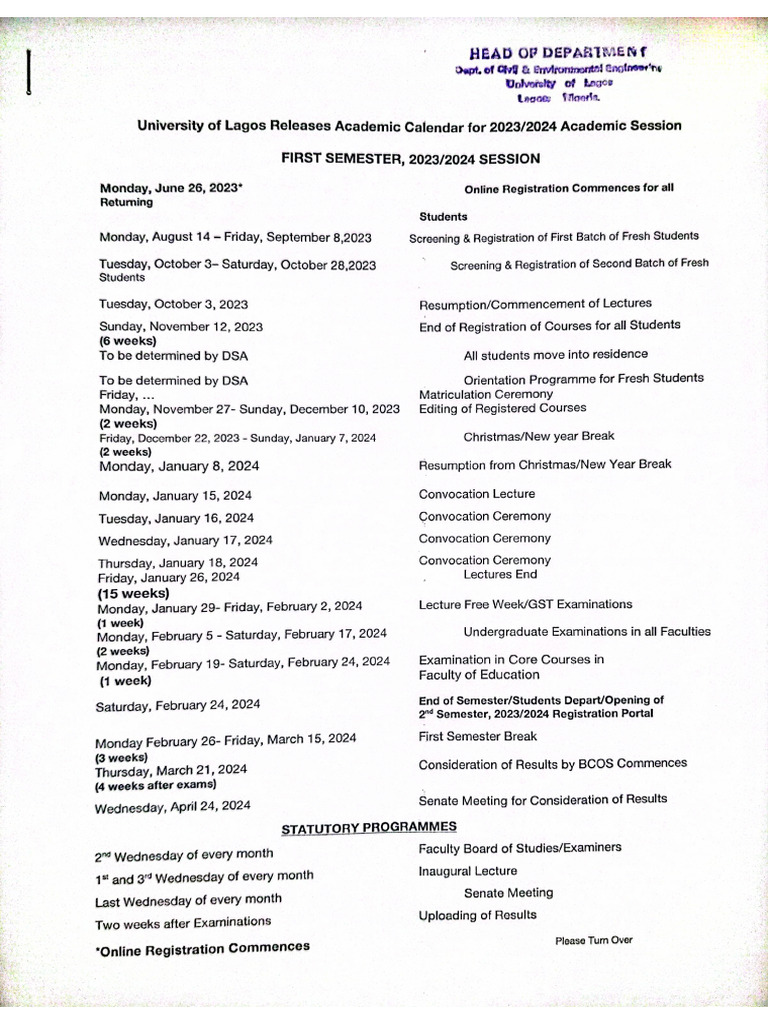 Unilag Calendar 20232024 Session | PDF