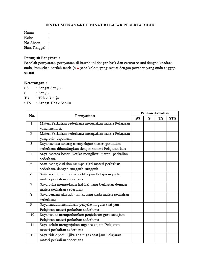Instrumen Angket Minat Belajar Peserta Didik | PDF