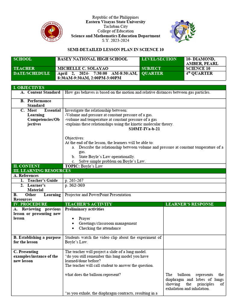BOYLES LAW Lesson Plan | PDF | Gases | Pressure