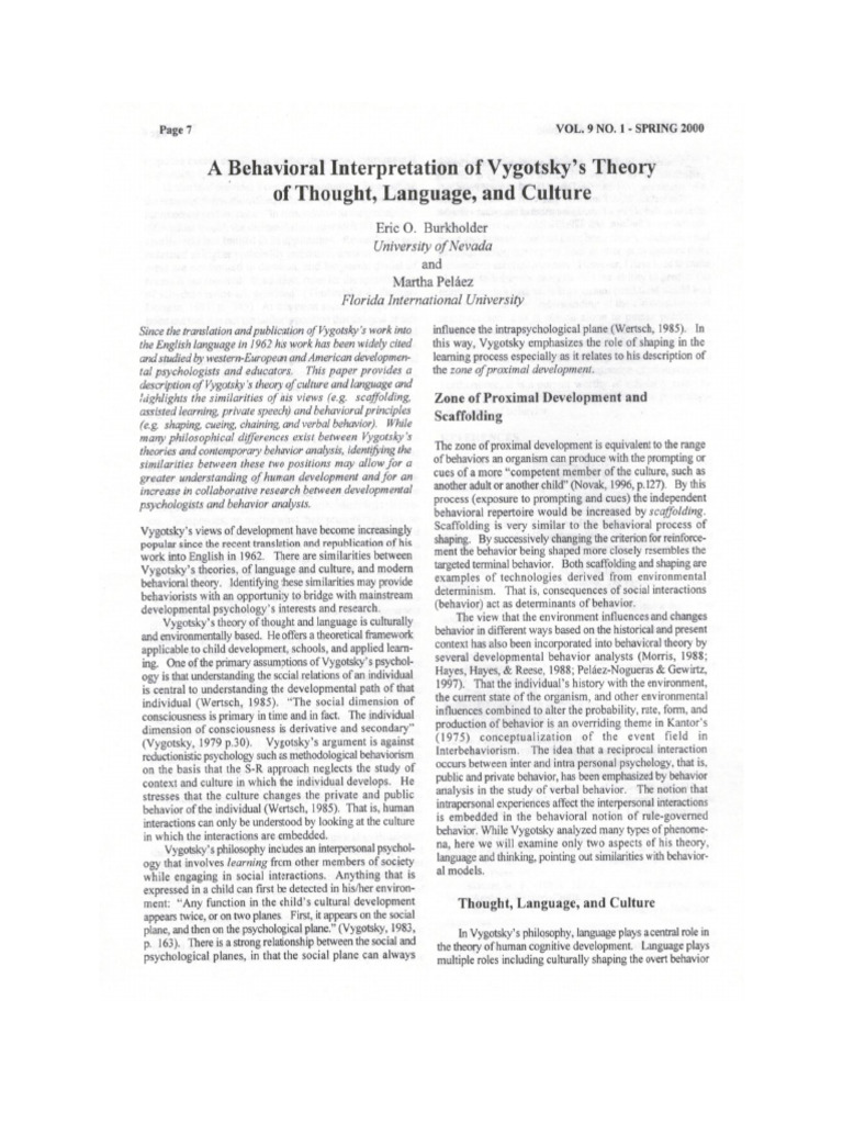 A Behavioral Interpretation of Vygotsky ... | PDF