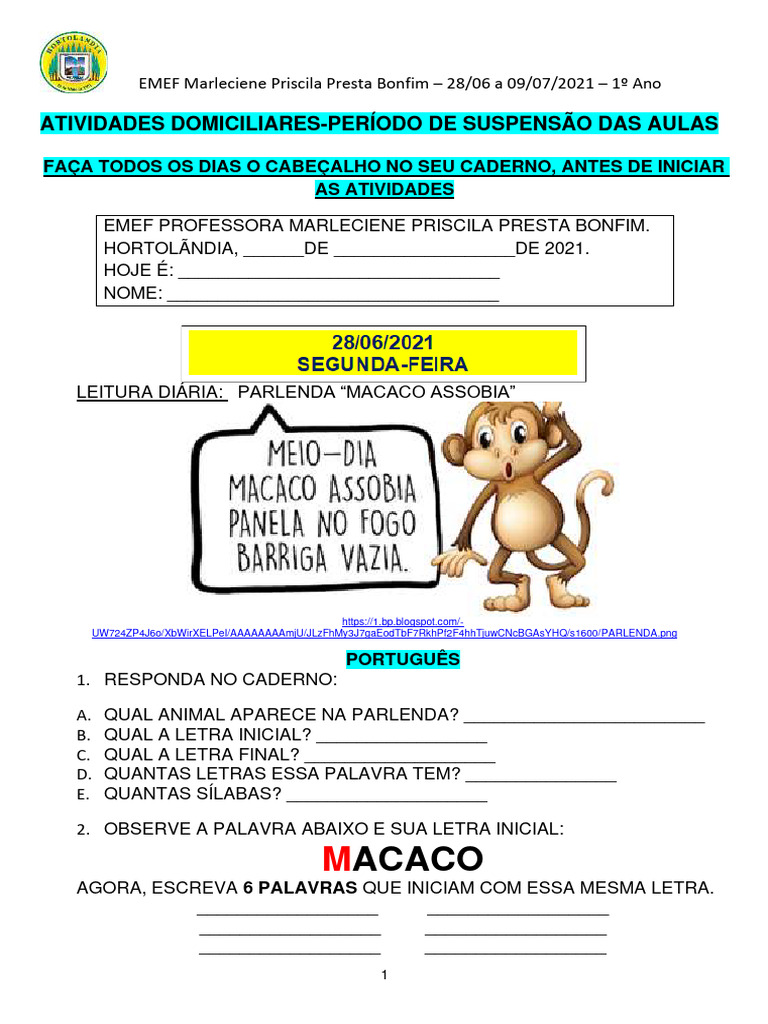 Acaco: Atividades Domiciliares-Período de Suspensão Das Aulas | PDF