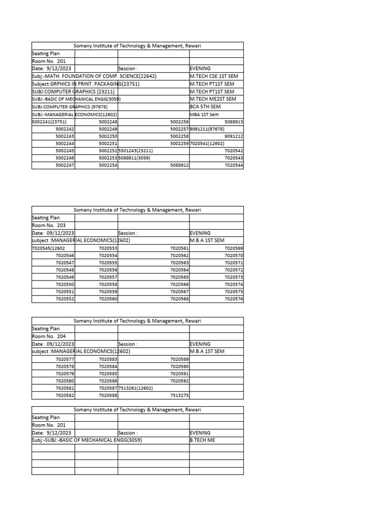 SEATING PLAN DEC 23 | PDF | Engineering | Computer Science