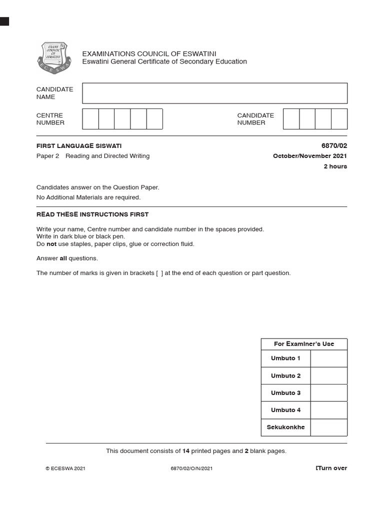 EGCSE First Language SiSwati 2021 Question Paper 2-1661939828 | PDF