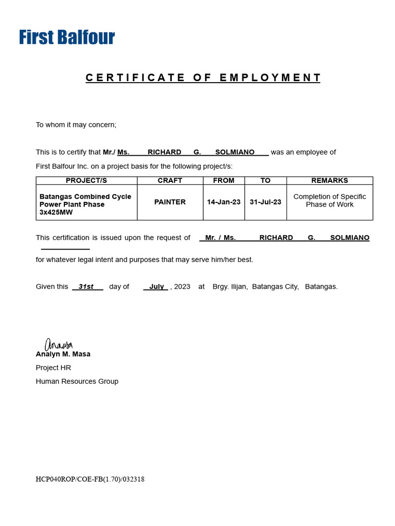 FIRST BALFOUR COE (Template) | PDF