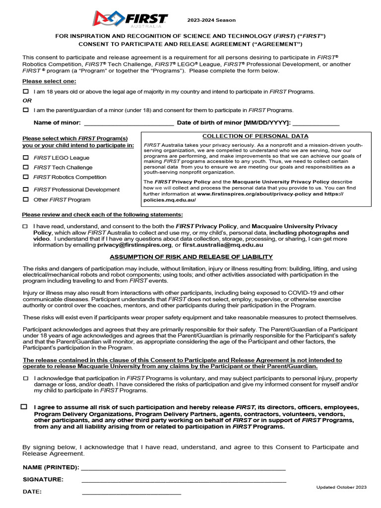 2023-24 FIRST Australia Consent and Release | PDF | Safety | Consent
