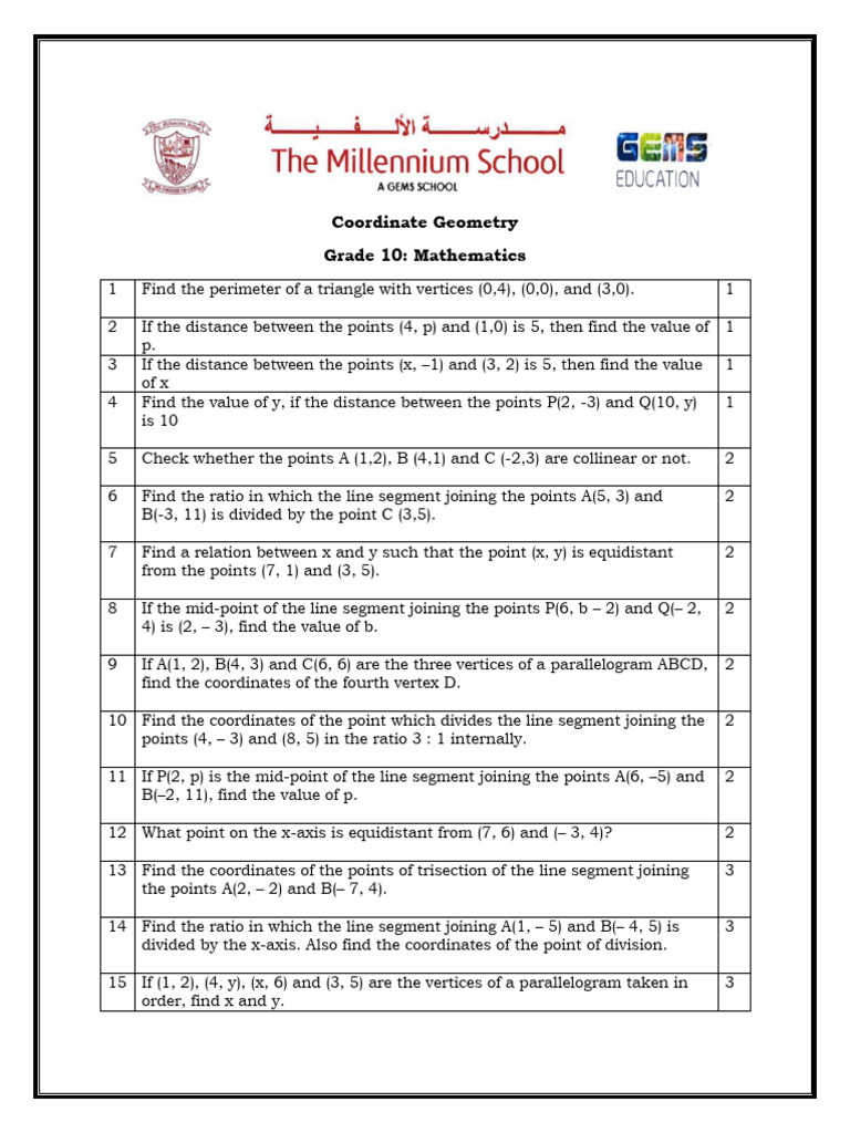 Grade 10 Coordinate Geometry Problems | PDF | Line (Geometry ...