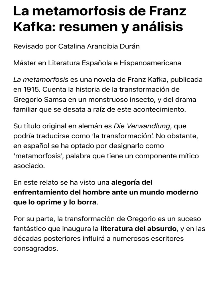 La Metamorfosis de Franz Kafka: Resumen y Análisis - Cultura Genial | PDF | La metamorfosis ...