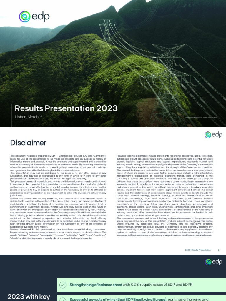 EDP - YE23 Results Presentation | PDF | Hydroelectricity | Renewable Energy