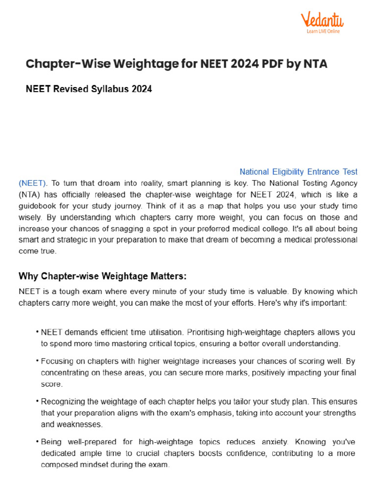 Chapter-Wise Weightage For NEET 2024 PDF by NTA | PDF