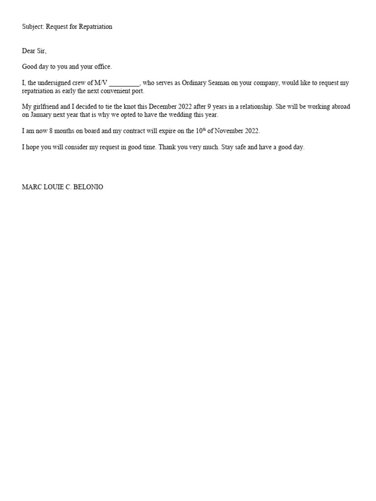 Early Repatriation Request for Seaman | PDF
