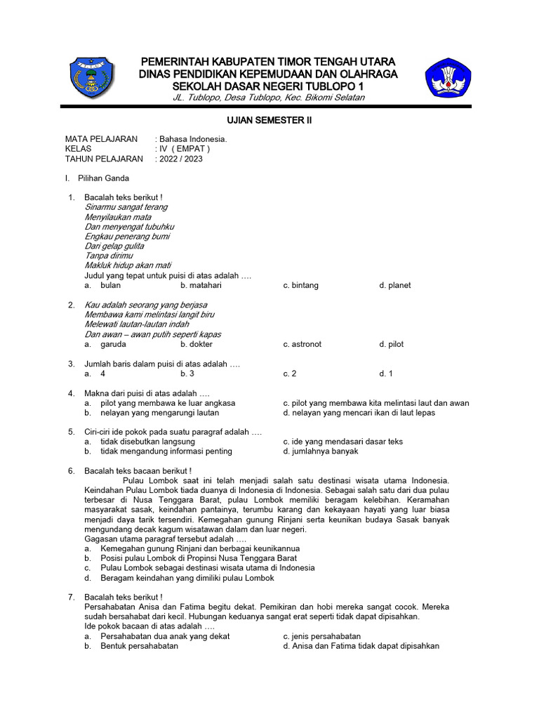 Soal Ujian Semester 2 Kelas IV Tahun 2023 | PDF