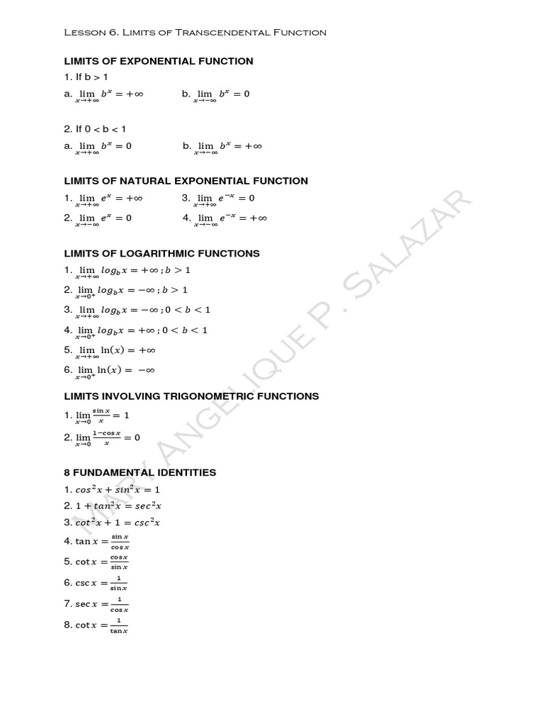 Lesson 6. Limits of Transcendental Functions | PDF | Mathematics | Lie ...