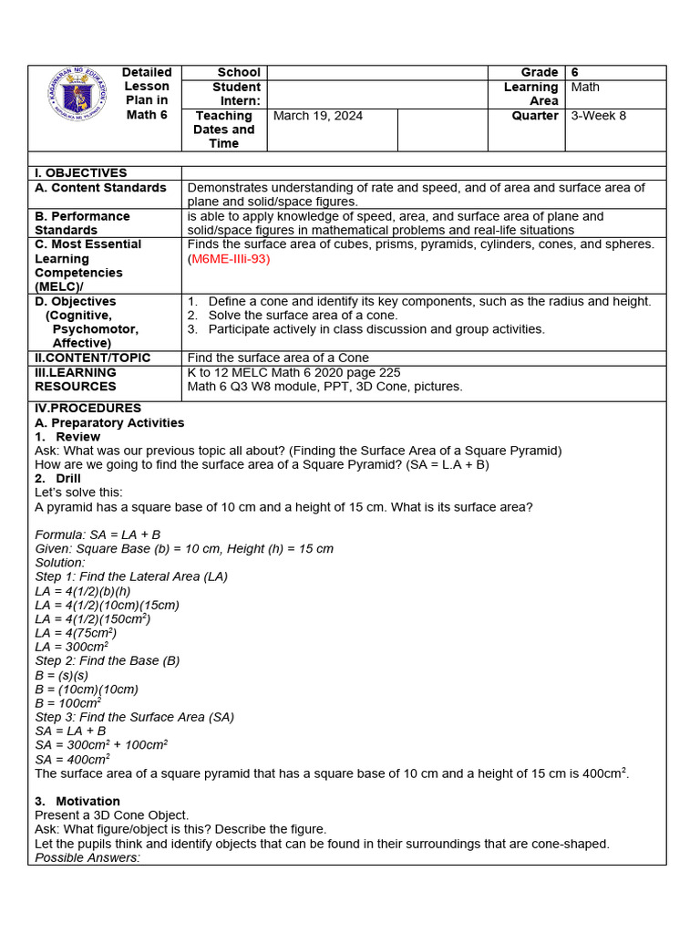 Surface Area of a Cone Lesson Plan | PDF | Area | Surface Area