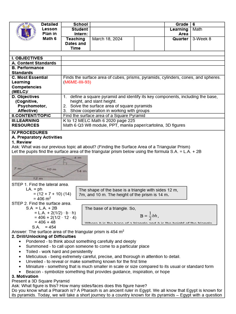 Math 6 Lesson Plan About Square Pyramid | PDF | Area | Ancient Egypt