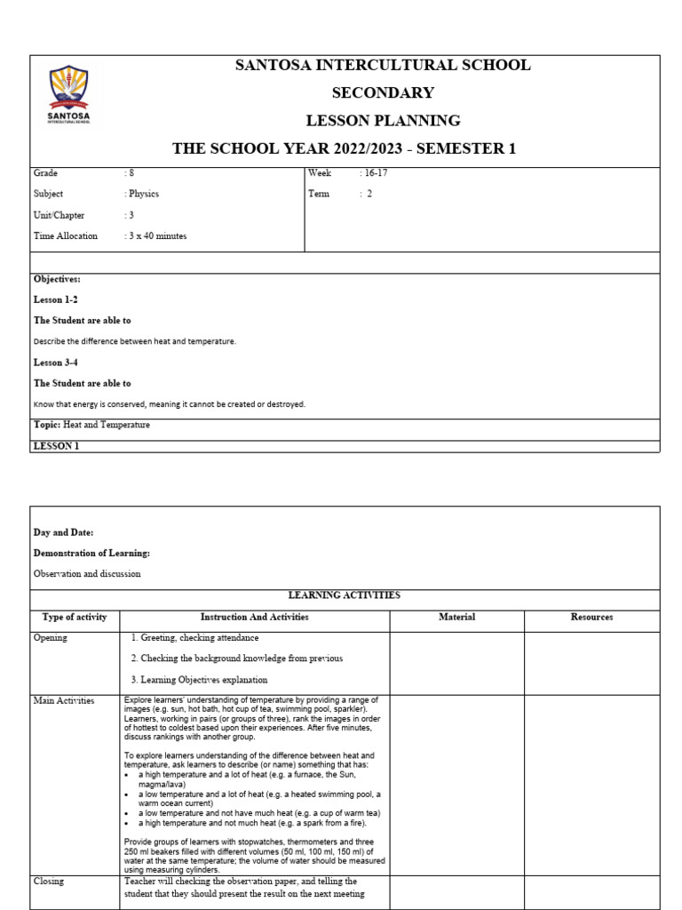 Heat and Temperature Lesson Plan | PDF | Learning | Temperature