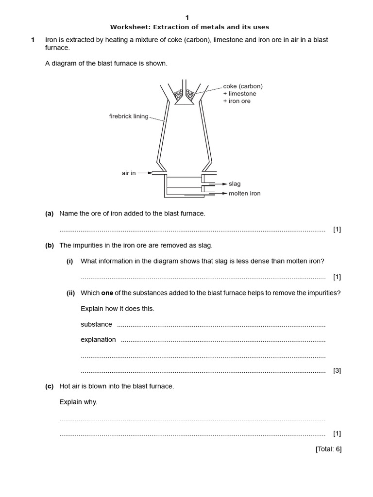 Extraction of Metals and Its Uses Worksheet | PDF | Oxide | Iron