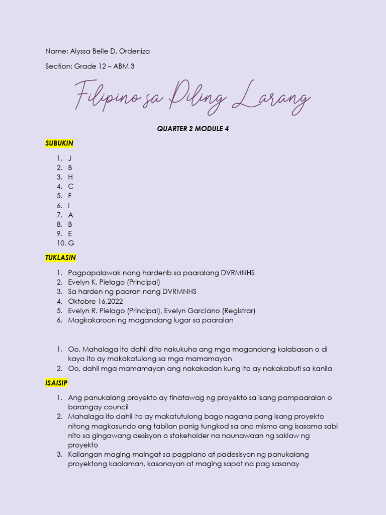 FILIPINO - QUARTER 2 MODULE 4 | PDF