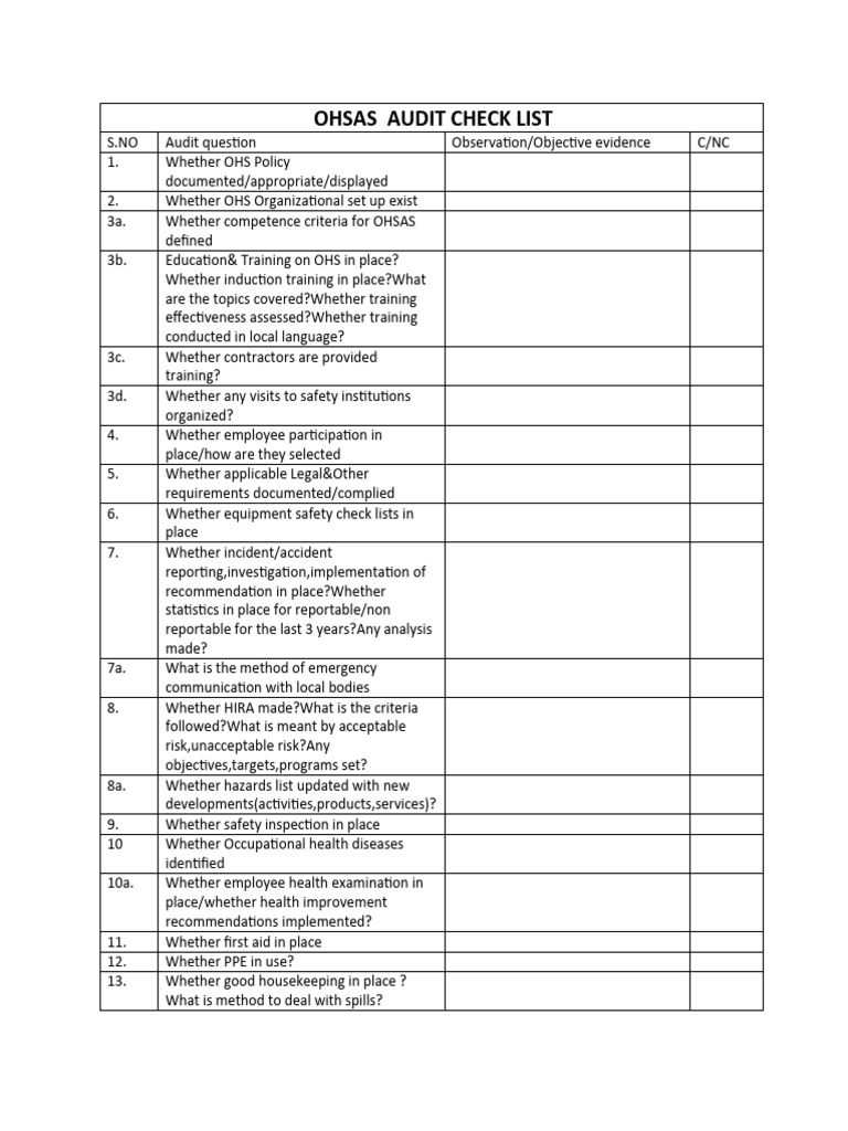 Ohs Audit Check List | PDF | Occupational Safety And Health | Safety