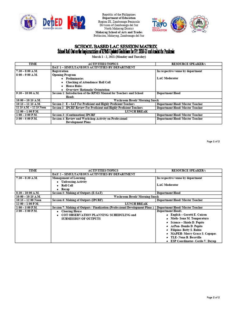 Matrix RPMS School Lac Roll Out Guidelines | PDF