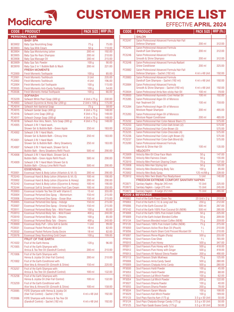 Customer Price List - April 2024 | PDF | Shampoo