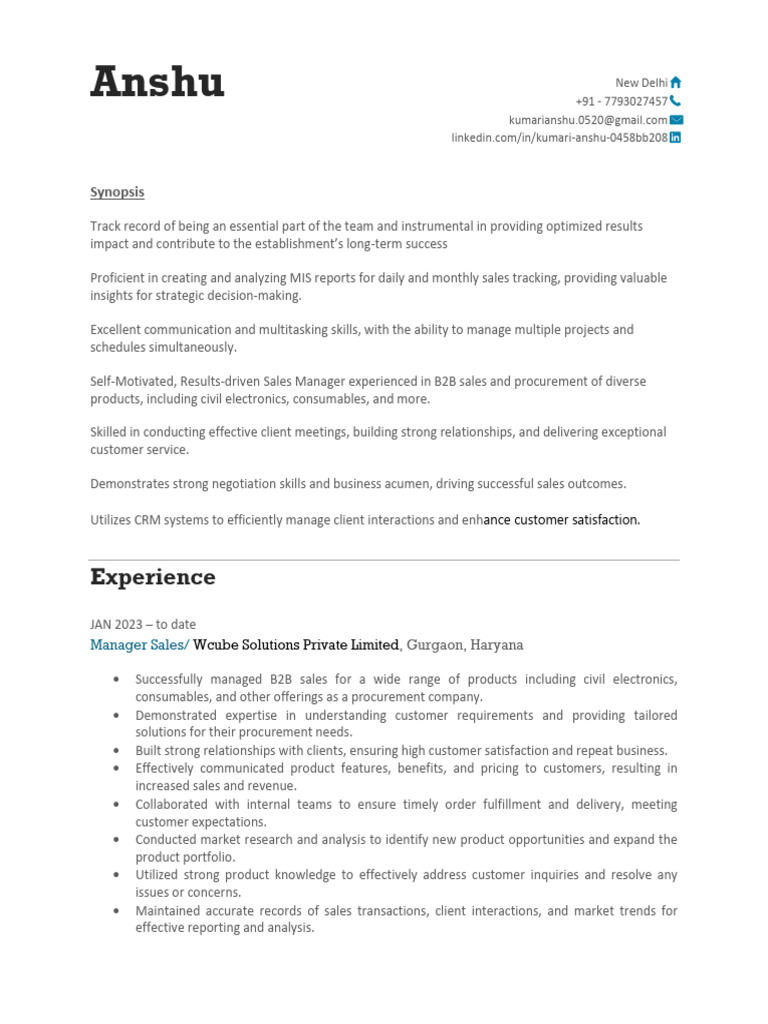 Resume 1 - KA Anshu | PDF | Electrical Substation | Sales