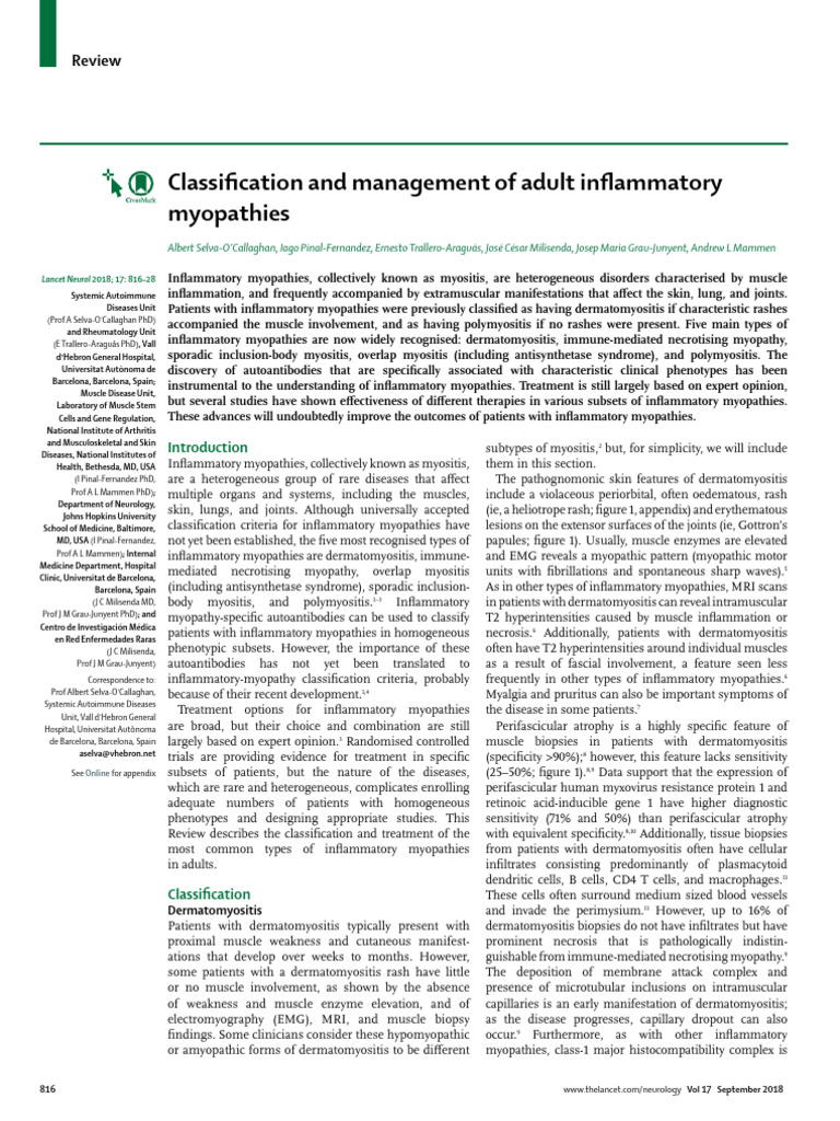 Lancet Classification and Management of Adult Inflammatory Myopathies1 ...