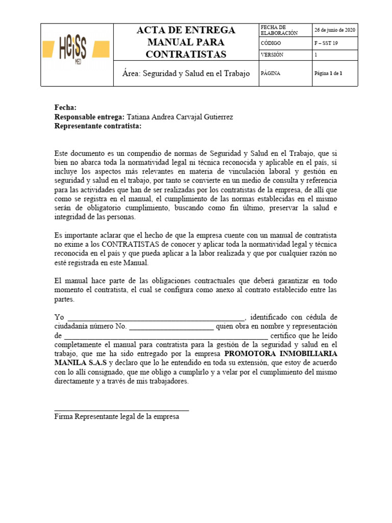 F SST 19 Acta Entrega Manual Contratista | PDF