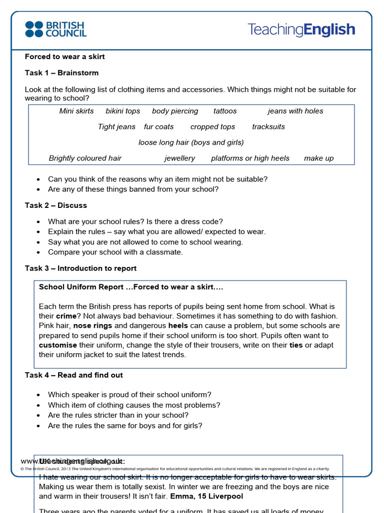 Forced to wear a skirt student worksheet (1) | PDF | Skirt | Clothing