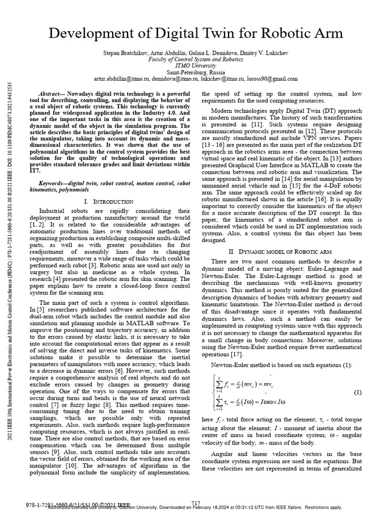 Development of Digital Twin For Robotic Arm | PDF | Euclidean Vector ...