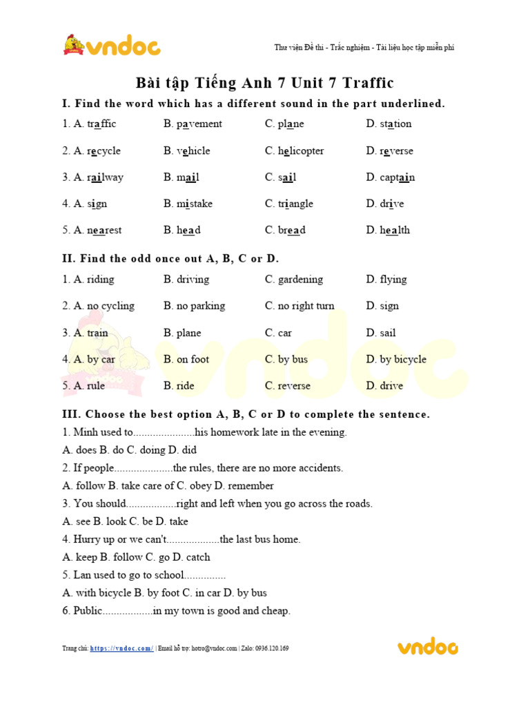 Bai Tap Tieng Anh Lop 7 Thi Diem Unit 7 Traffic | PDF | Transport | Land Transport