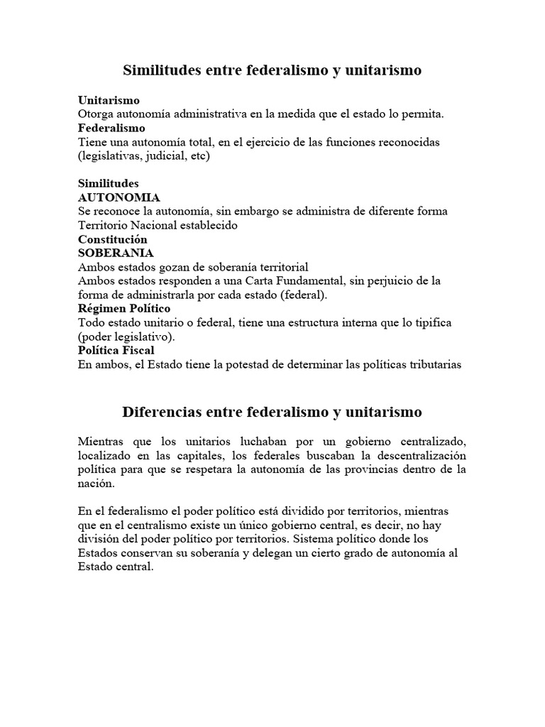 Similitudes y Diferencias Entre Federalismo y Unitarismo | PDF