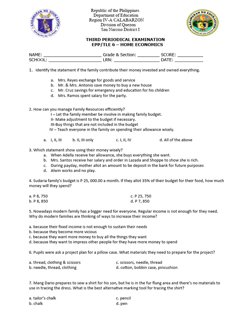 Third Periodical Examination Epp/Tle 6 - Home Economics | PDF | Food ...
